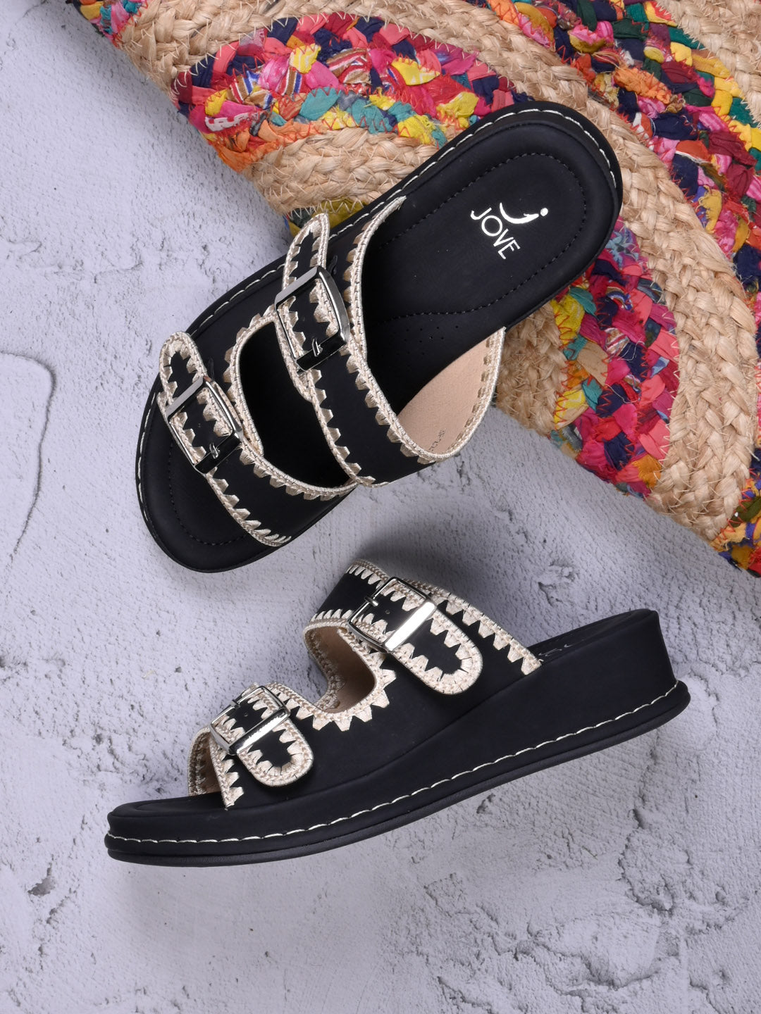 Women Black Solid Embroidered Sandals – ShoeTree