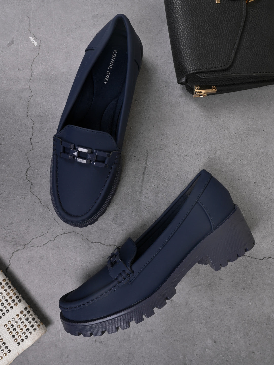 Women Navy Blue Solid Loafers – ShoeTree